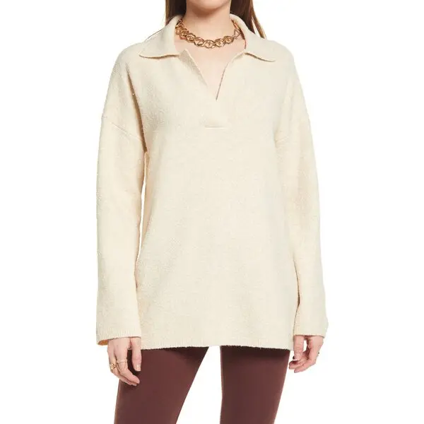 OPEN EDIT Oversized Polo Sweater - Beige Oatmeal Light Heather
