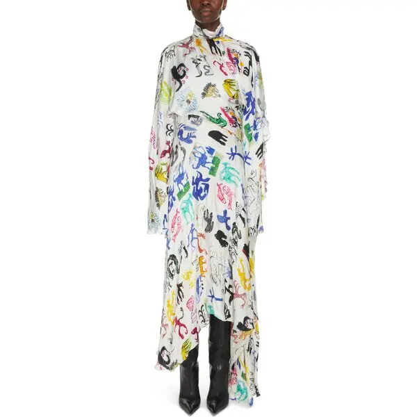 Balenciaga Artist Doodles Twisted Flou Long Sleeve Satin Dress - White