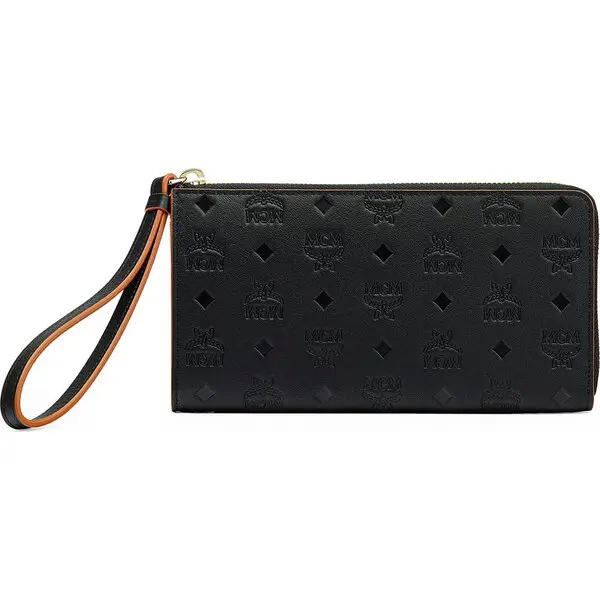 Mcm Klara Monogram Leather Zip Wristlet - Black