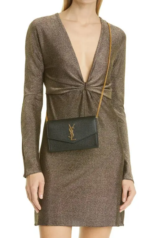 Saint Laurent Uptown Pebbled Calfskin Wallet-on-chain - 1000 Nero