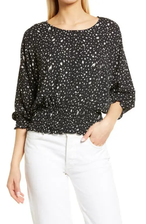 Vince Camuto Abstract Animal Print Smocked Waist Top