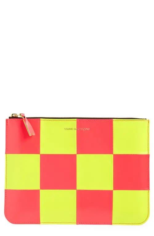 Comme Des Garçons Large Fluo Squares Leather Zip Pouch - Yellow/ Pink