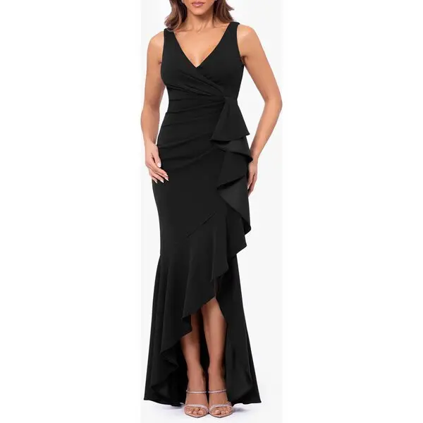 Betsy & Adam V-neck Ruffle High-low Gown - Black