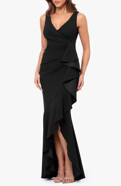 Betsy & Adam V-neck Ruffle High-low Gown - Black