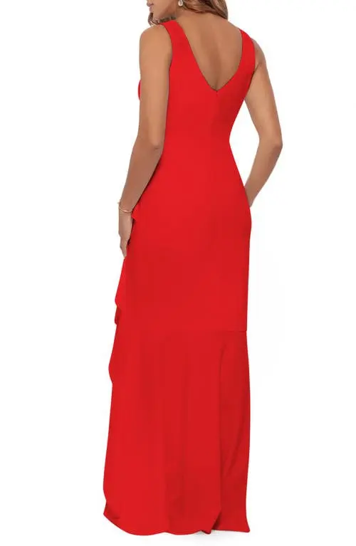 Betsy & Adam V-neck Ruffle High-low Gown - Red