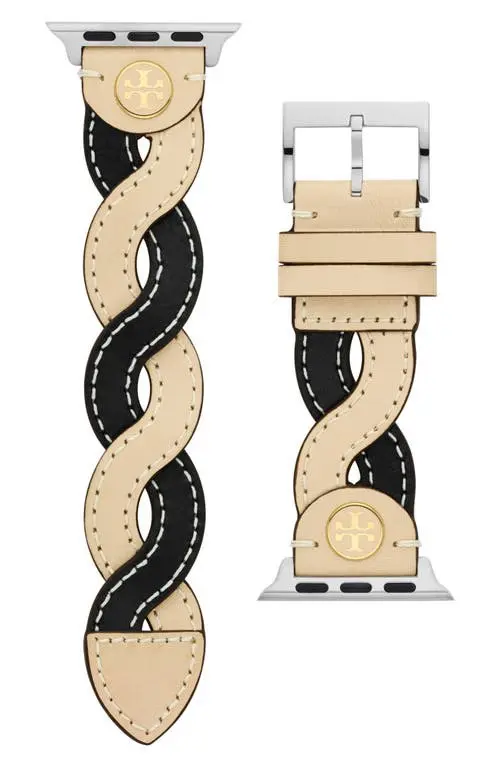 Tory Burch Braided Leather Apple Watch® Band - Black/ White