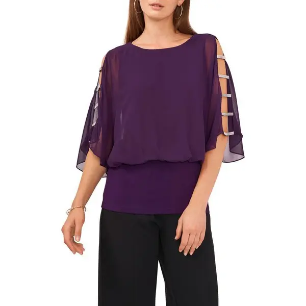 Chaus Split Sleeve Rhinestone Blouse - Luxe Plum