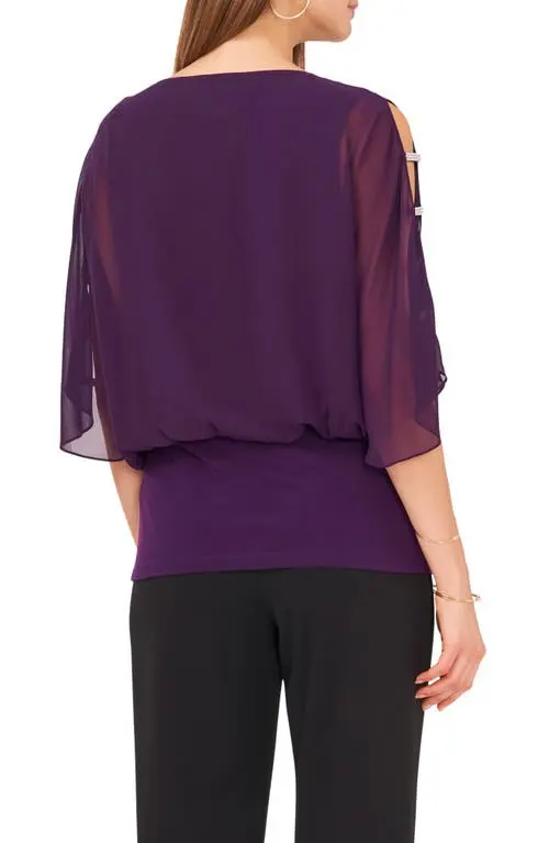 Chaus Split Sleeve Rhinestone Blouse - Luxe Plum