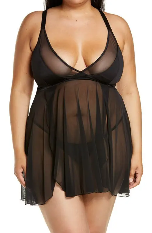 COQUETTE Caged Back Mesh Babydoll Chemise & G-string Thong - Black