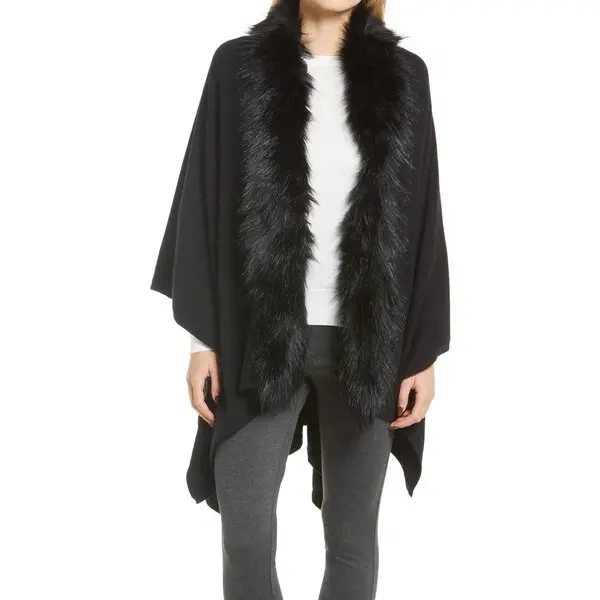 La Fiorentina Ruana With Faux Fur Trim