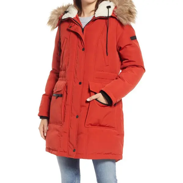 Sam Edelman Hooded Down And Feather Fill Parka With Faux Fur Trim