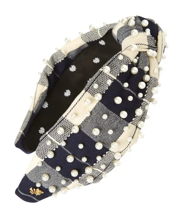 Lele Sadoughi Plaid Imitation Pearl Knotted Headband