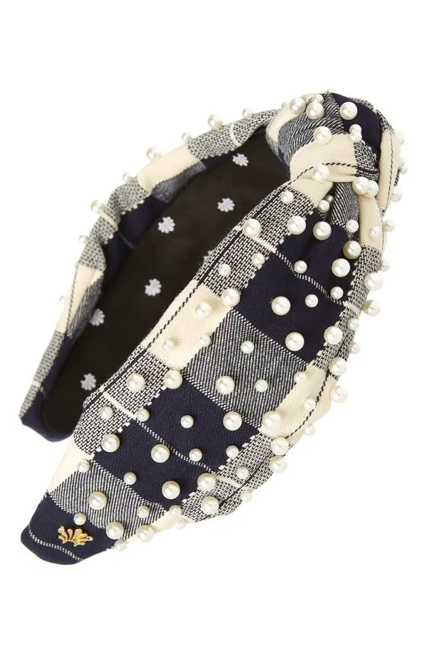 Lele Sadoughi Plaid Imitation Pearl Knotted Headband