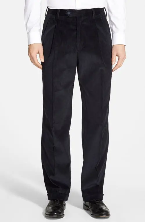 Berle Italian 8-wale Corduroy Pleated Trousers - Black