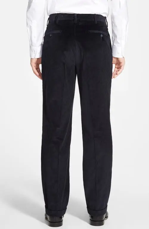 Berle Italian 8-wale Corduroy Pleated Trousers - Black