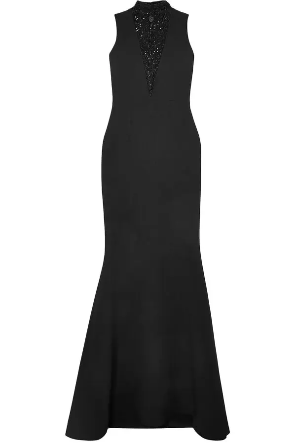 Safiyaa Fluted Embellished Tullepaneled Cady Gown - Black