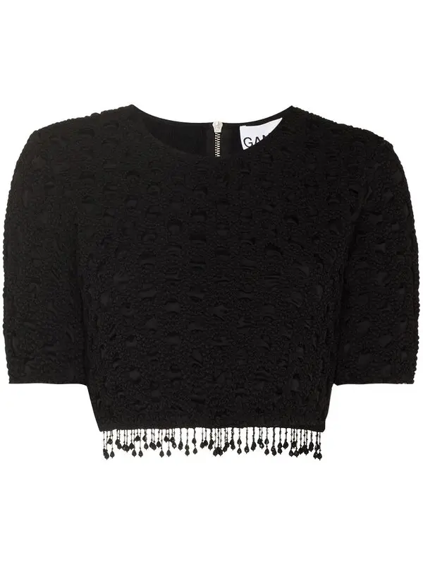 GANNI Beaded Tassels Crochet Crop Top - Black
