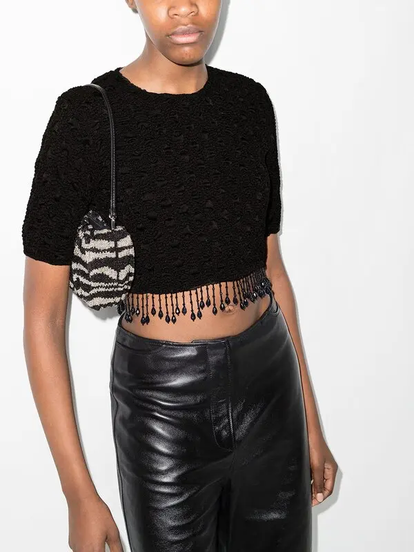 GANNI Beaded Tassels Crochet Crop Top - Black