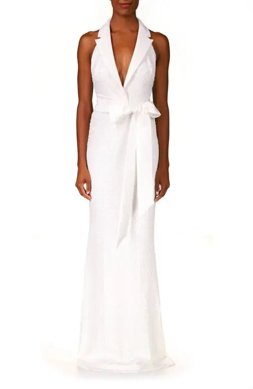 Badgley Mischka Sequin Halter Neck Tuxedo Gown - Light Ivory | Editorialist