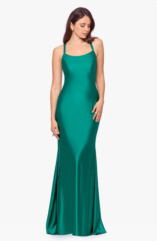 XSCAPE EVENINGS Lace-up Satin Gown