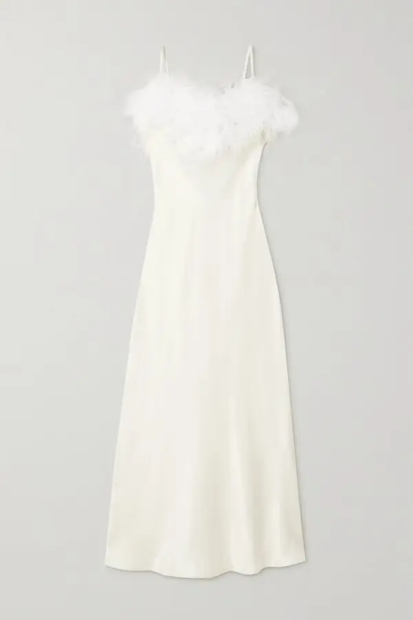 Sleeper Net Sustain Boheme Feather-trimmed Ecovero-satin Midi Dress