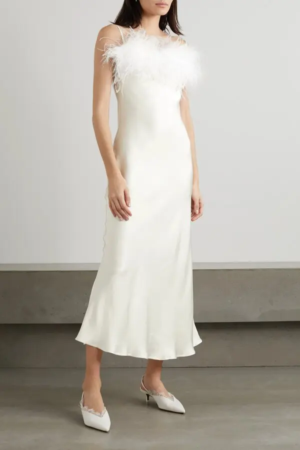 Sleeper Net Sustain Boheme Feather-trimmed Ecovero-satin Midi Dress