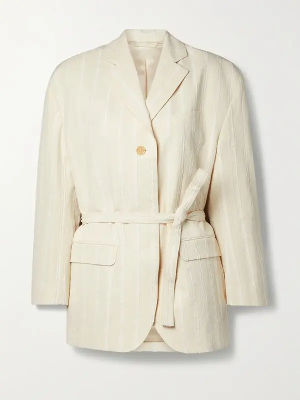 Acne Studios Belted Striped Fil Coupé Cotton-blend Blazer - Neutrals