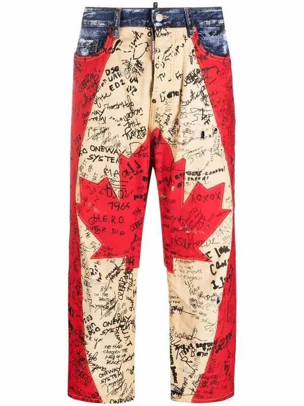 Dsquared2 Cropped Jeans With Maple Leaf Graffiti Print - Blue