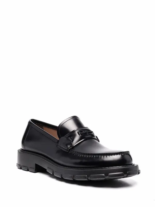 FERRAGAMO Embossed Logo Leather Loafers - Black