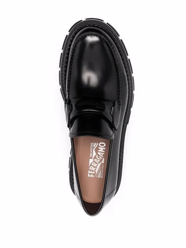 FERRAGAMO Embossed Logo Leather Loafers - Black