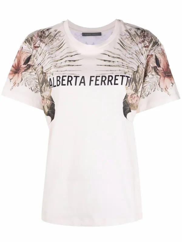Alberta Ferretti Cotton Floral Print T-shirt - Neutrals