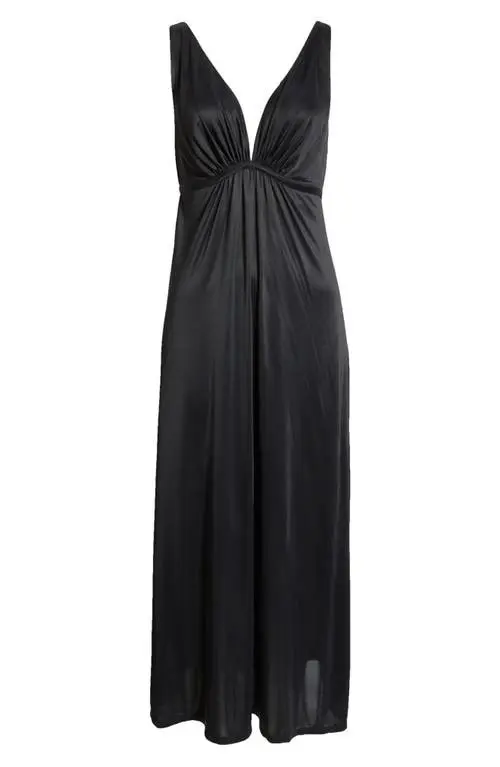 Natori Enchant Deep V-neck Satin Nightgown - Black W/ Ivory Lace