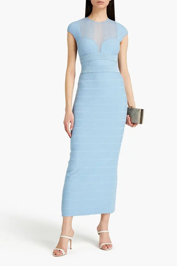 Herve Leger Ribbed Metallic Bandage Maxi Dress