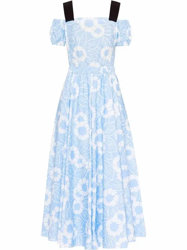 Prada Floral-print Off-shoulder Cotton Dress