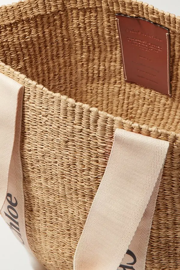 Chloé Net Sustain Woody Large Printed Canvas And Leather-trimmed Raffia Basket Bag