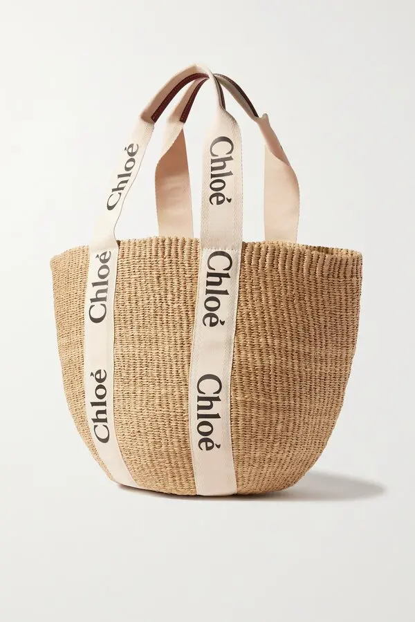 Chloé Net Sustain Woody Large Printed Canvas And Leather-trimmed Raffia Basket Bag