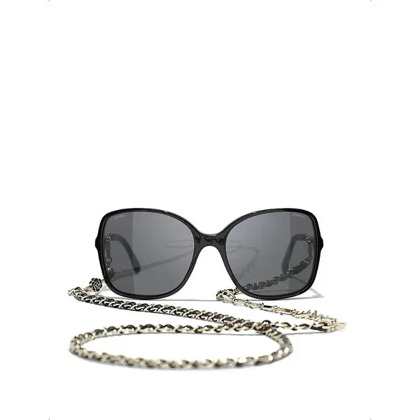 Chanel Oversized Square Sunglasses With Chain - Black