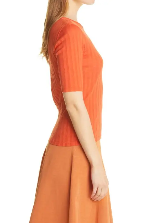 Vince Ribbed Cotton Knit Elbow Sleeve Top