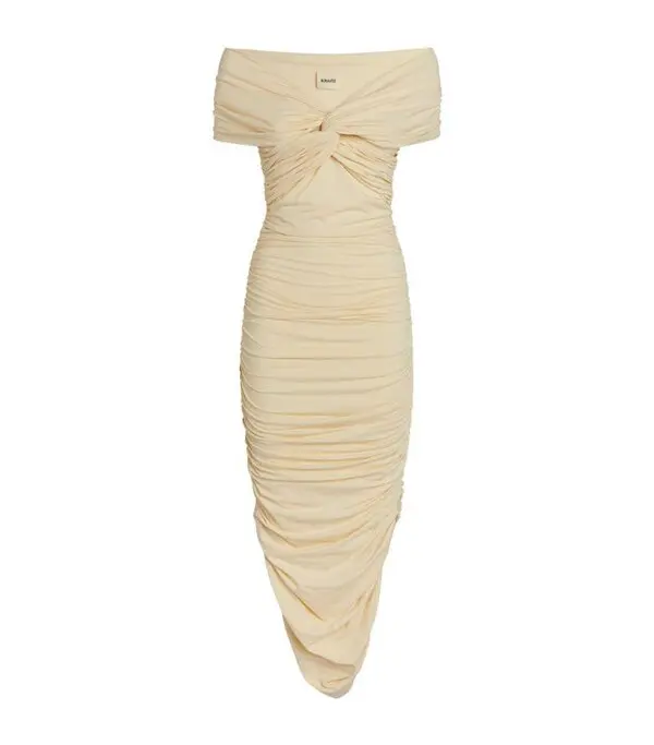knee length dresses for ladies Kaia Ruched Mesh Midi Dress – honey