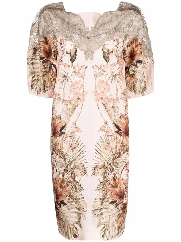 Alberta Ferretti Macramé Detail Floral Print Shift Dress - Neutrals