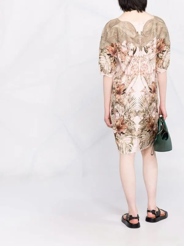 Alberta Ferretti Macramé Detail Floral Print Shift Dress