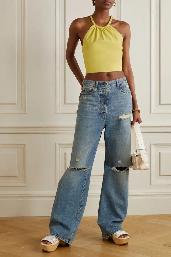 Red Valentino Cropped Lace-up Cotton-blend Poplin Top