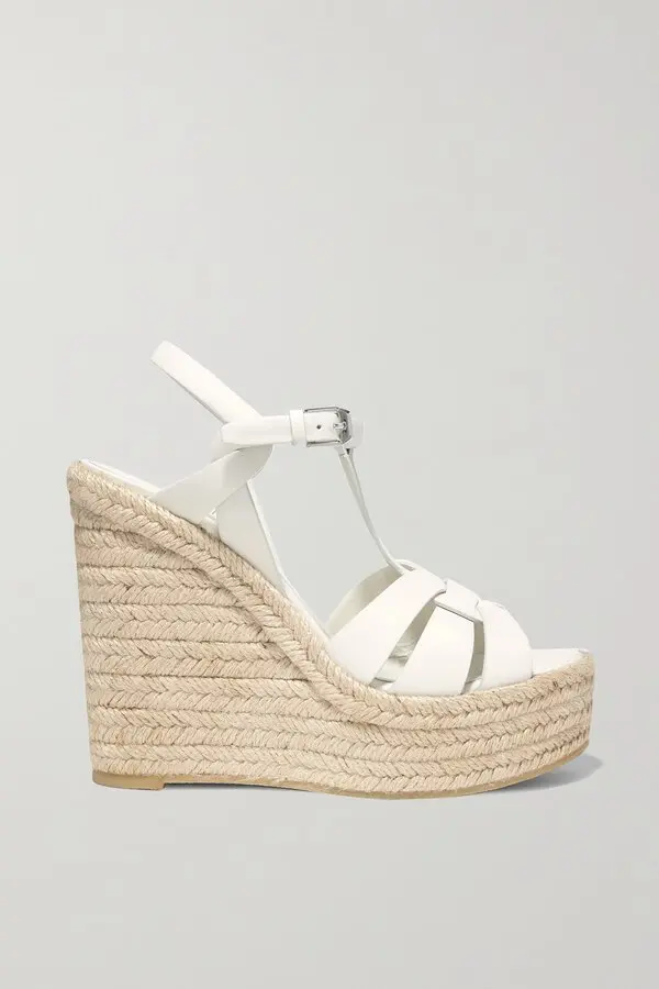Saint Laurent Tribute Woven Leather Espadrille Wedge Sandals - White