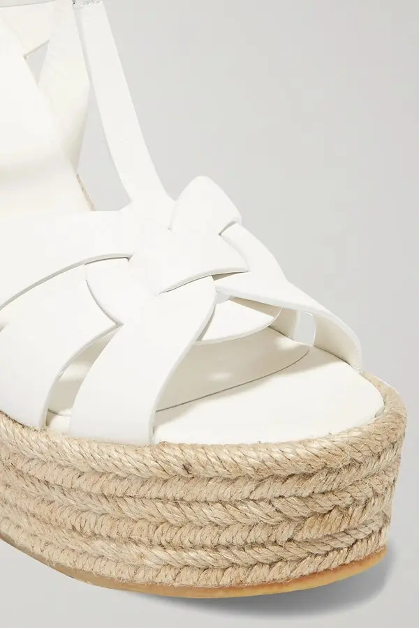 Saint Laurent Tribute Woven Leather Espadrille Wedge Sandals - White