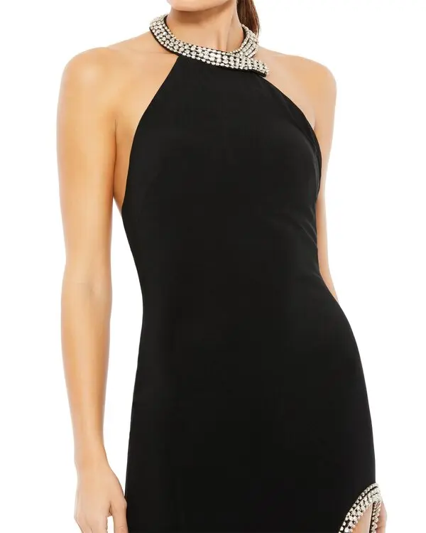 Mac Duggal High Slit Halter Gown With Rhinestone Accents - Black