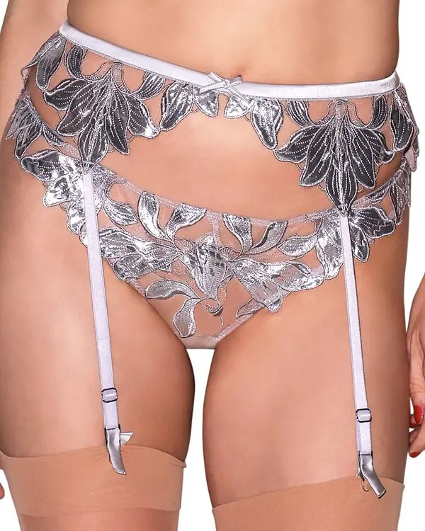 Fleur Du Mal Lily Foil Embroidered Hipster Thong - Platinum