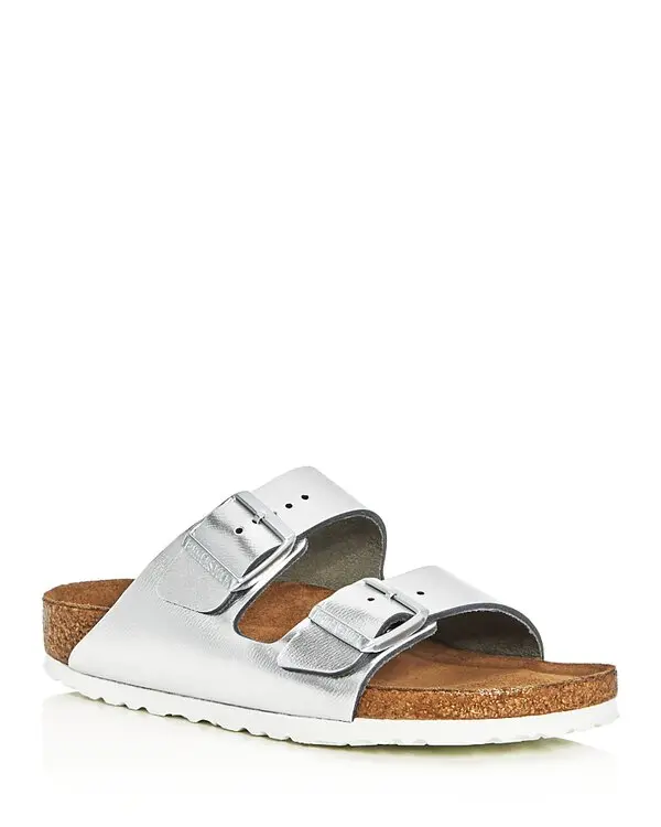 BIRKENSTOCK Arizona Soft Footbed Slide Sandals - Silver Leather