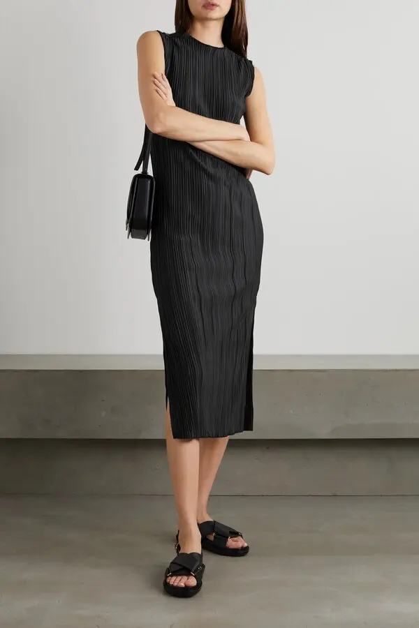 Anine Bing Melanie Pliss-Satin Midi Dress - Black | Editorialist