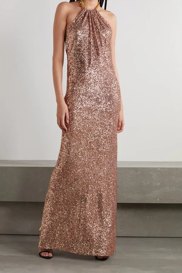 Tom Ford Embellished Sequined Tulle Halterneck Gown In Rose Gold - 50% Off  | Editorialist