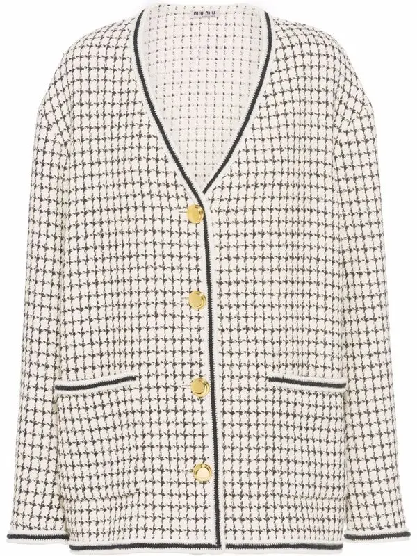 Miu Miu Check Tweed Single-breasted Cardigan - White